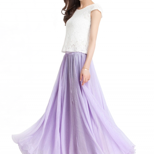 Lavender Long Chiffon Skirt Maxi Skirt Ladies Silk Chiffon Dress Plus